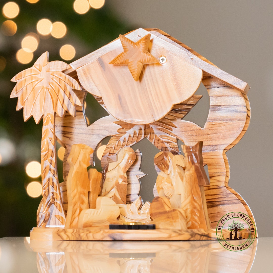 Olive Wood Musical Nativity Set, Wooden Nativity Set, Bethlehem Musical ...