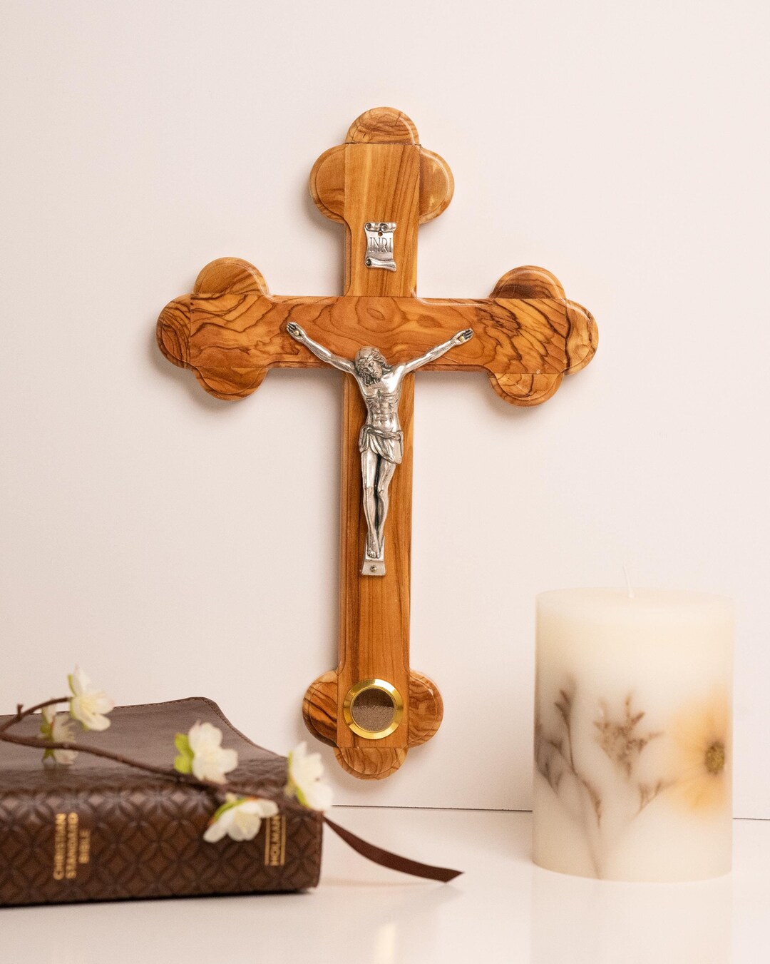 11" Olive Wood Wall Crucifix, Olive Wood Hanging Wall Cross With Holy ...