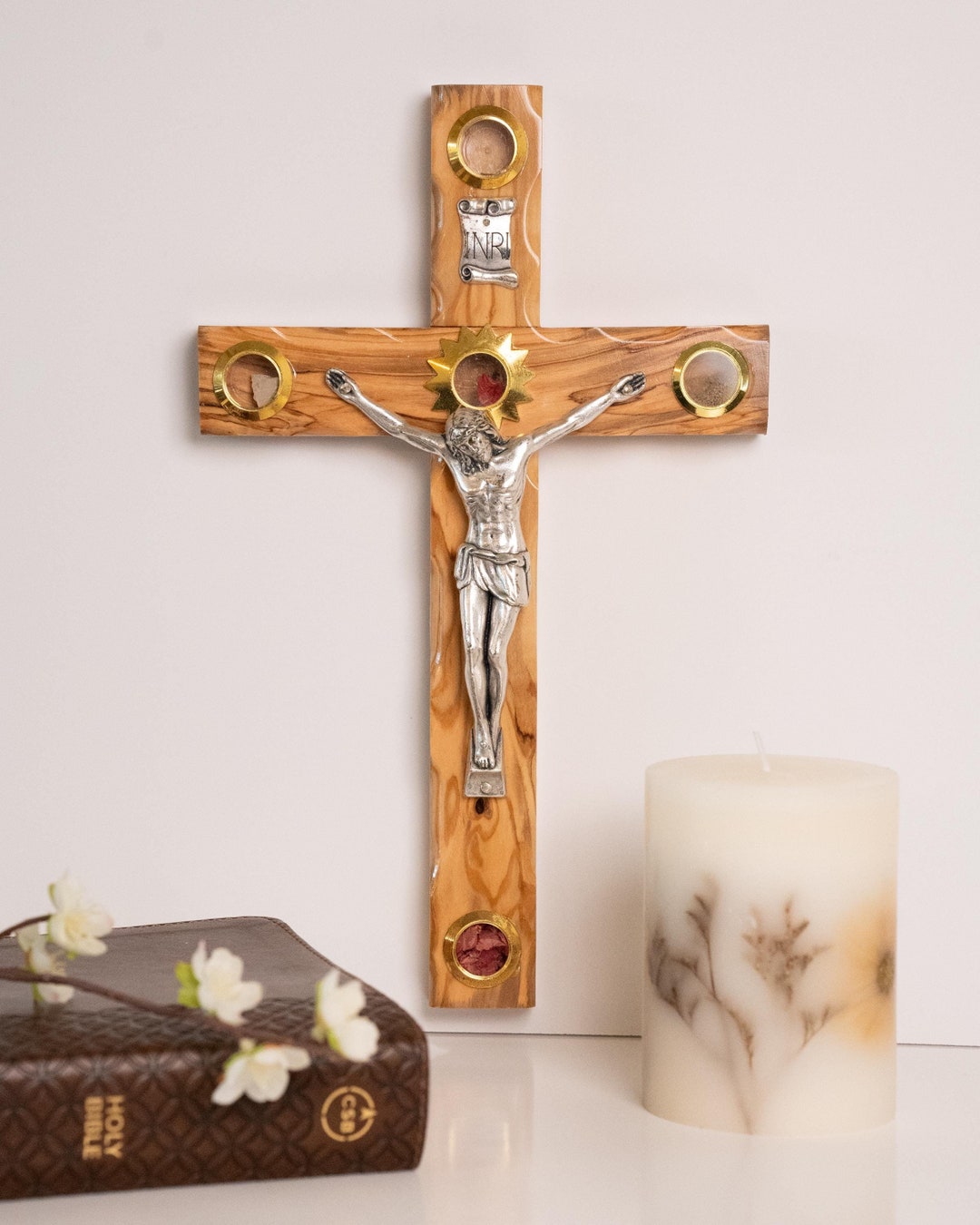 12" Large Wall Hanging Crucifix, Olive Wood Crucifix With Holy Relics ...