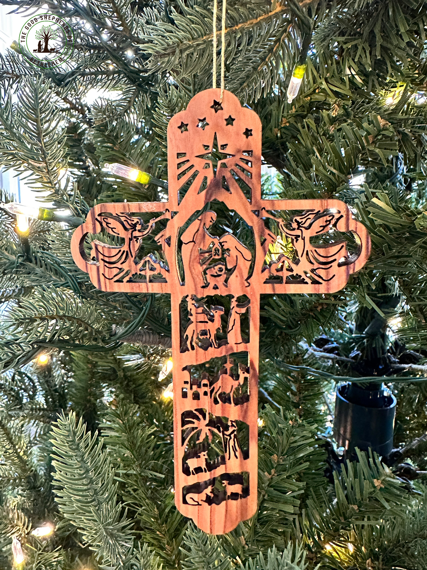Nativity Scene Olive Wood Ornament, Cross Nativity Scene Ornament ...