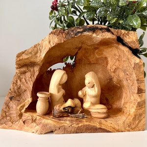 Olive Wood Nativity Set, Nativity Scene in a Cave, Rustic Nativity ...