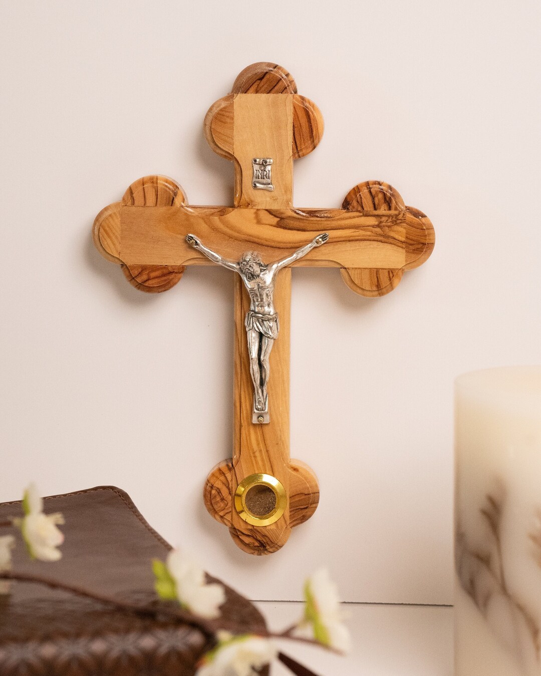 7" Olive Wood Wall Crucifix, Olive Wood Hanging Wall Cross With Holy ...