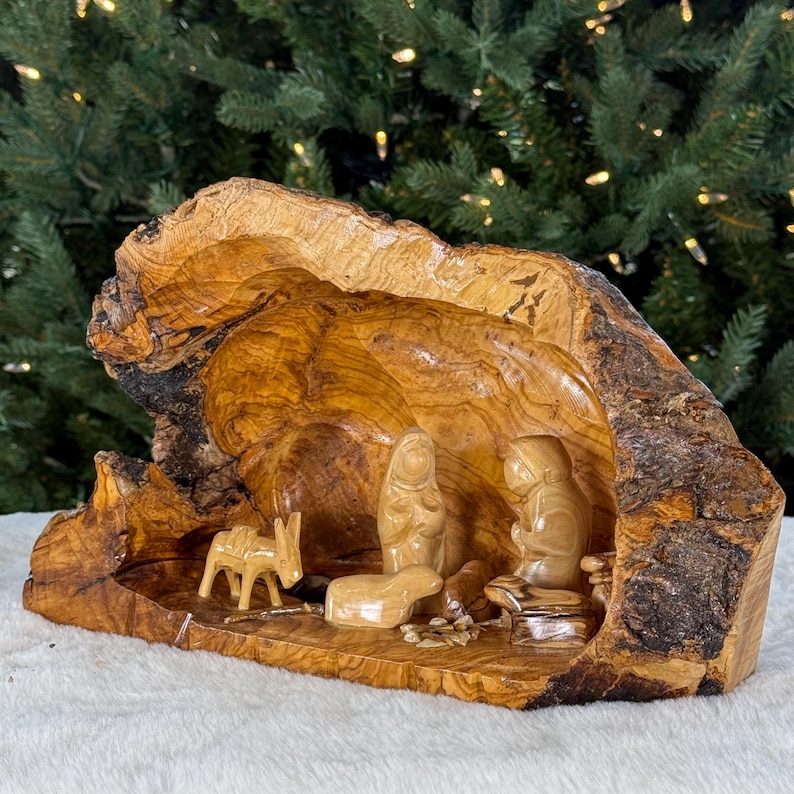 Rustic Olive Wood Cave Nativity Scene From Bethlehem, Olive Wood ...