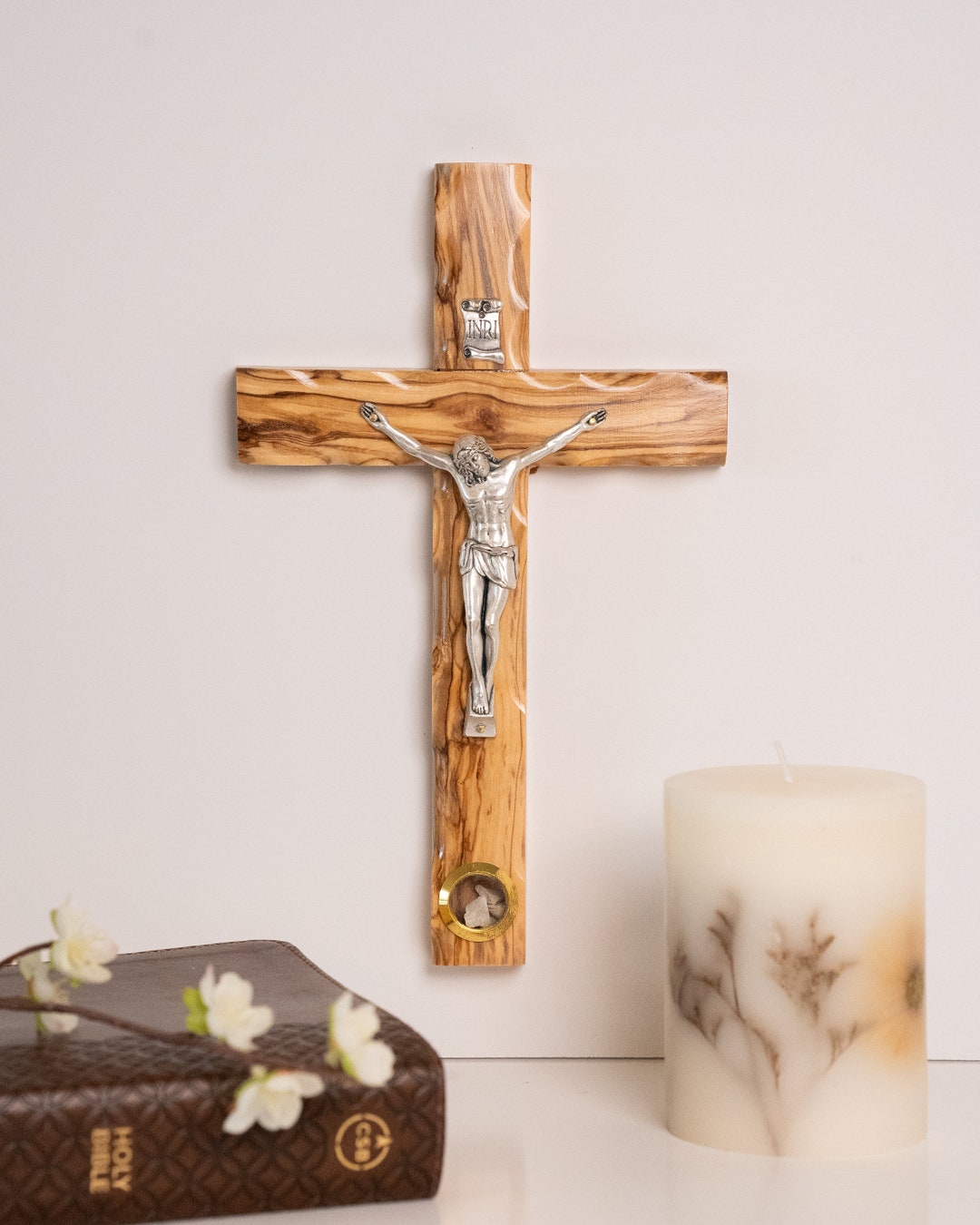 10" Olive Wood Wall Crucifix, Olive Wood Hanging Wall Cross With Holy ...