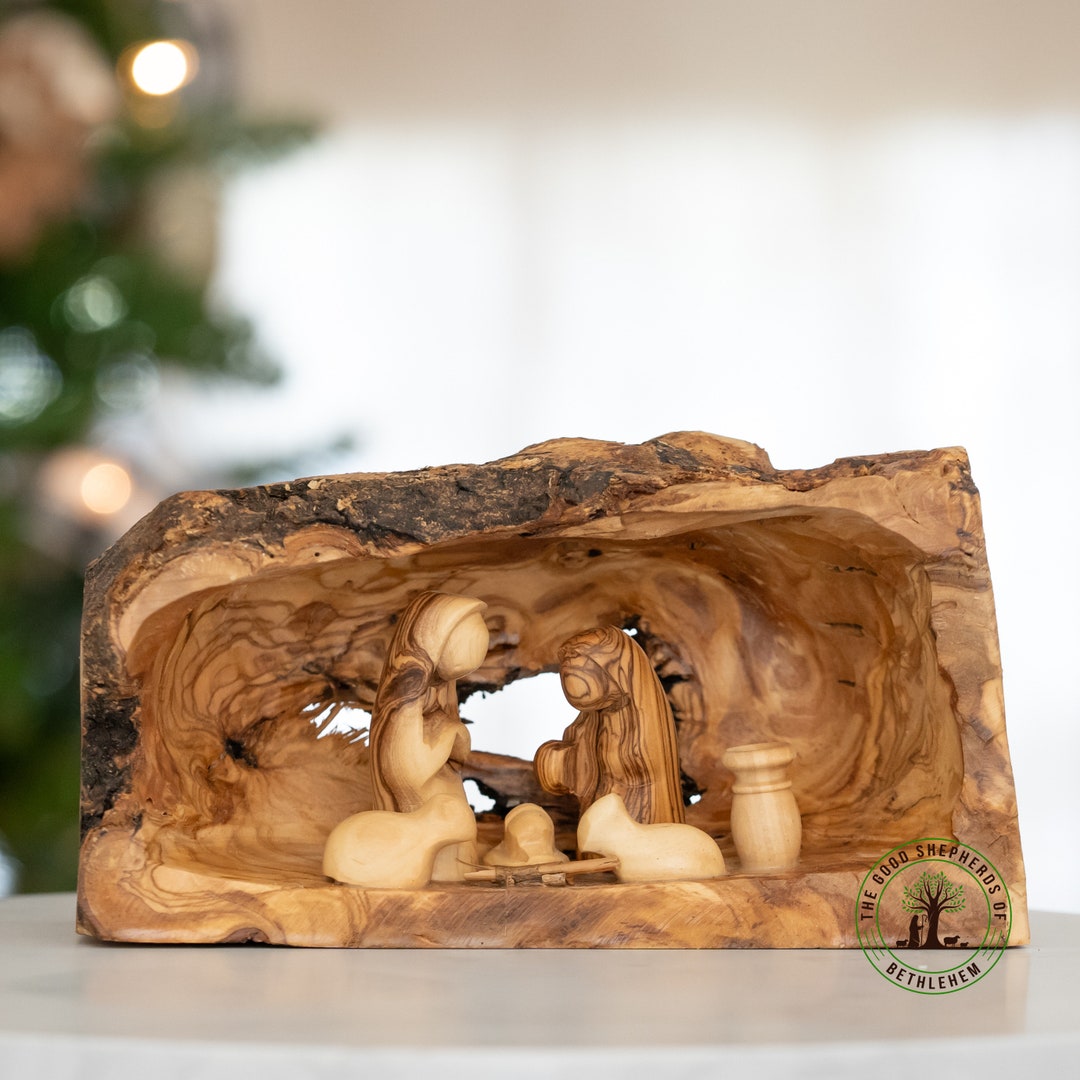 Olive Wood Nativity Set, Nativity Scene in a Cave, Rustic Nativity ...