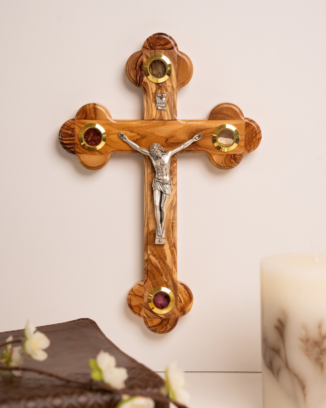 9" Olive Wood Wall Crucifix, Olive Wood Hanging Wall Cross With Relics ...