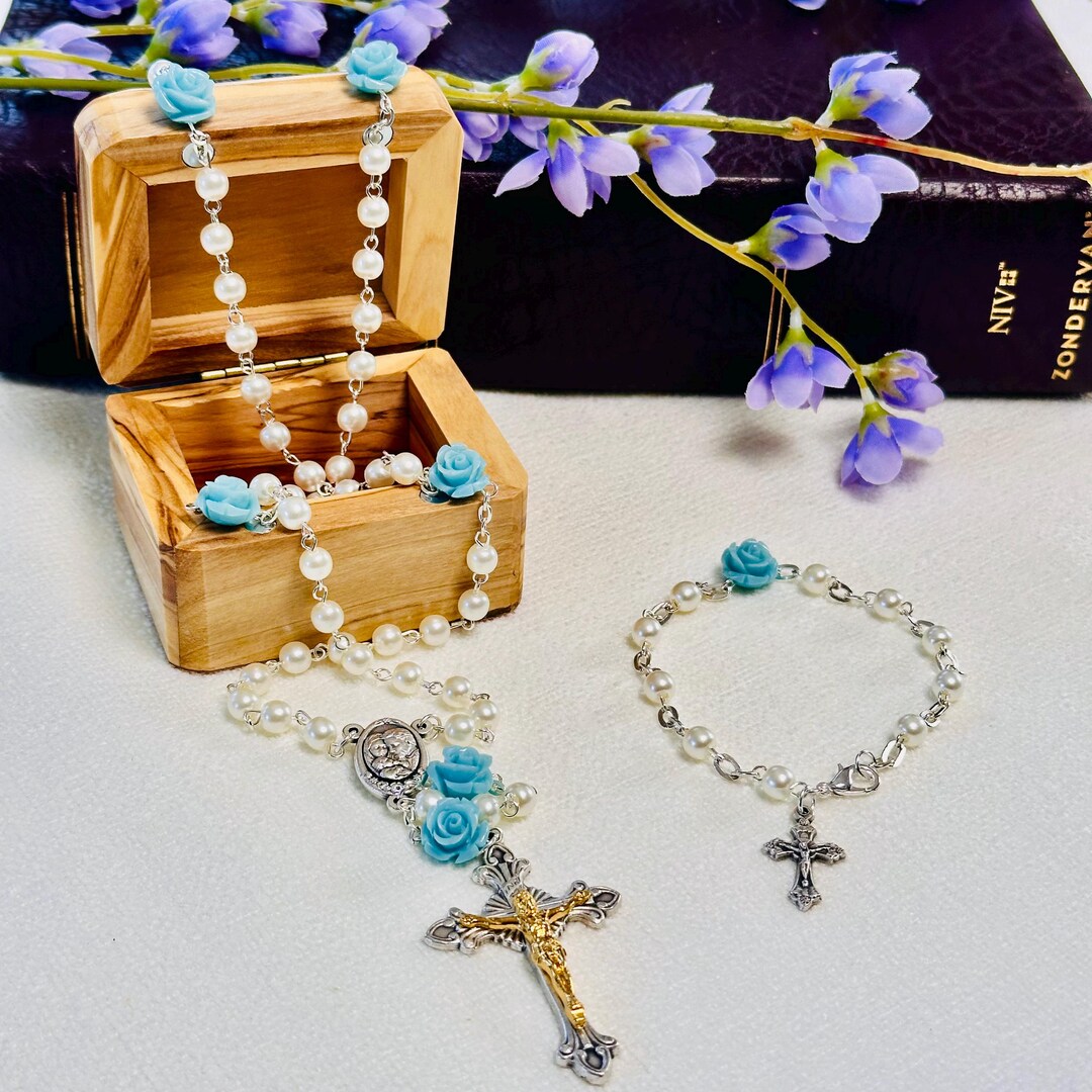 White Pearl Blue Rose Rosary Hand Made in the Holy Land, Gift for Her ...