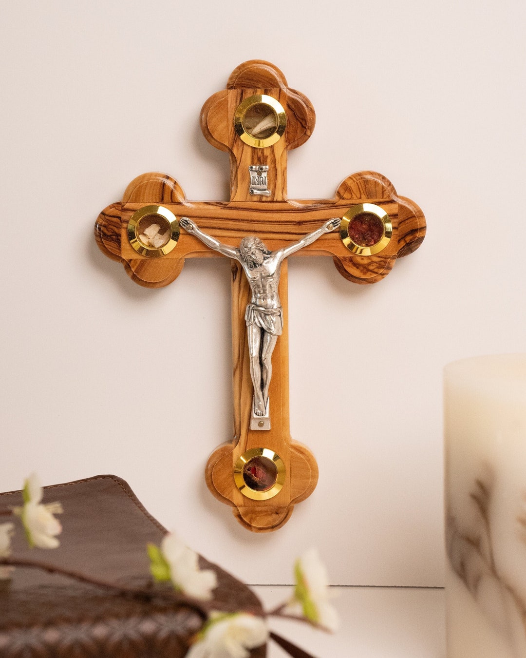 7" Olive Wood Wall Crucifix, Olive Wood Hanging Wall Cross With Relics ...