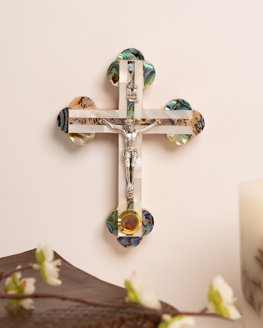 Wall Crucifix Olive Wood With Abalone Shell and Mother of Pearl Hand ...