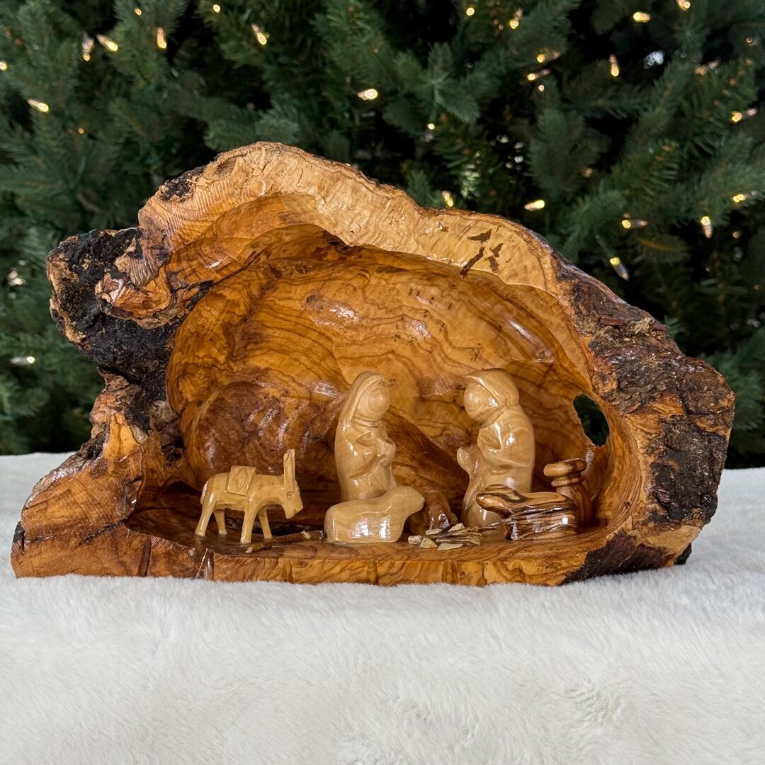Rustic Olive Wood Cave Nativity Scene From Bethlehem, Olive Wood ...