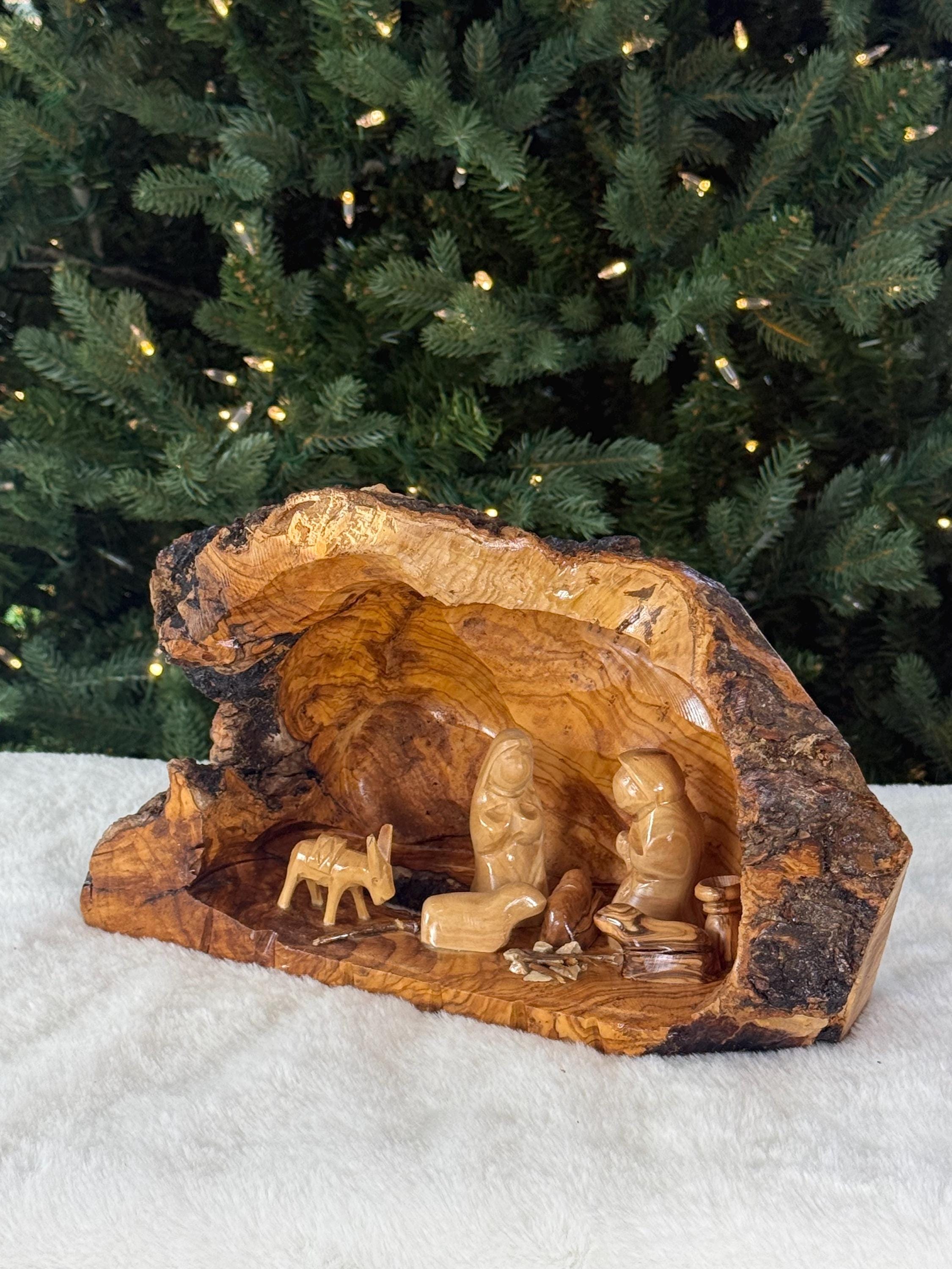 Rustic Olive Wood Cave Nativity Scene From Bethlehem, Olive Wood ...