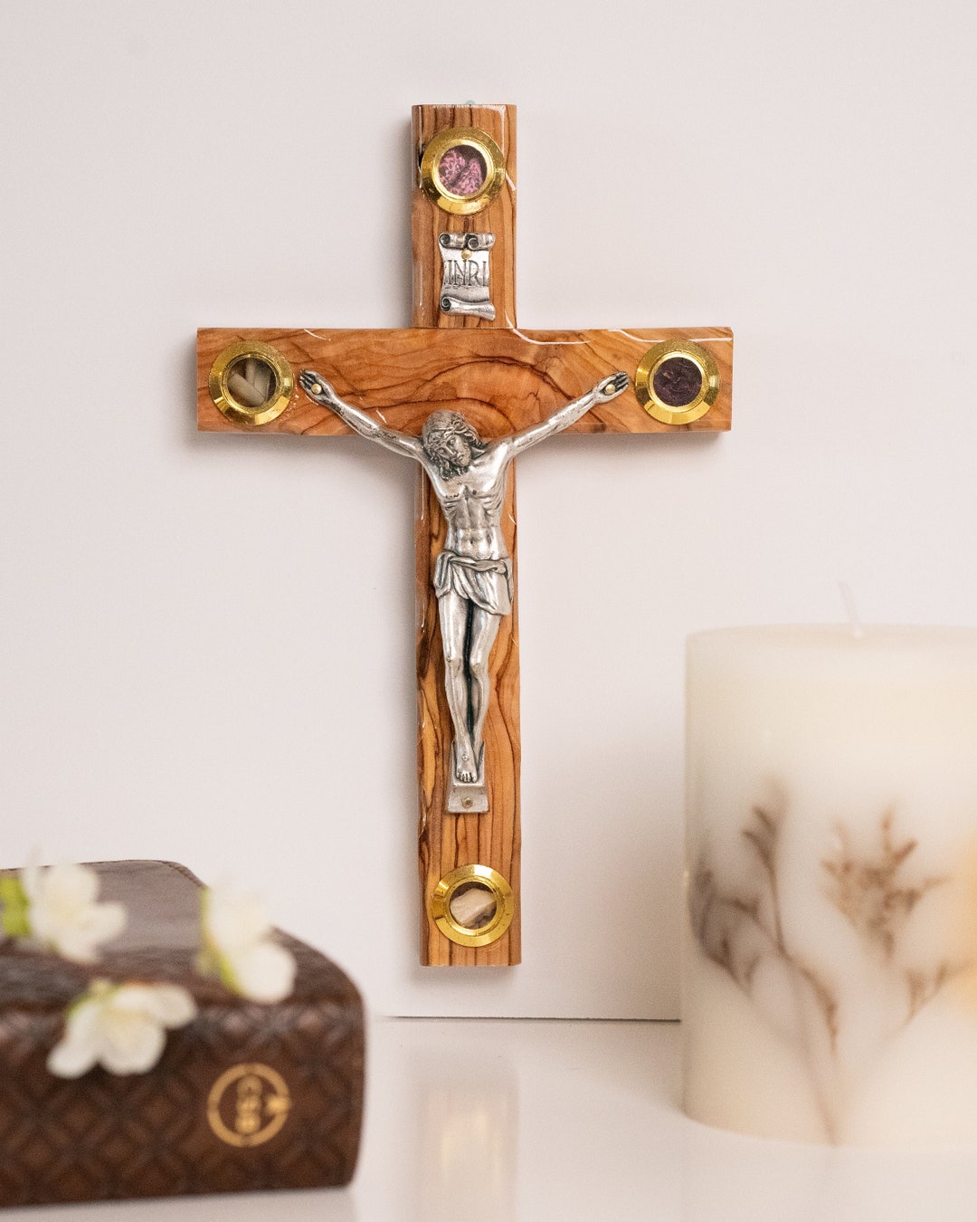 8" Olive Wood Wall Crucifix, Olive Wood Hanging Wall Cross With Relics ...