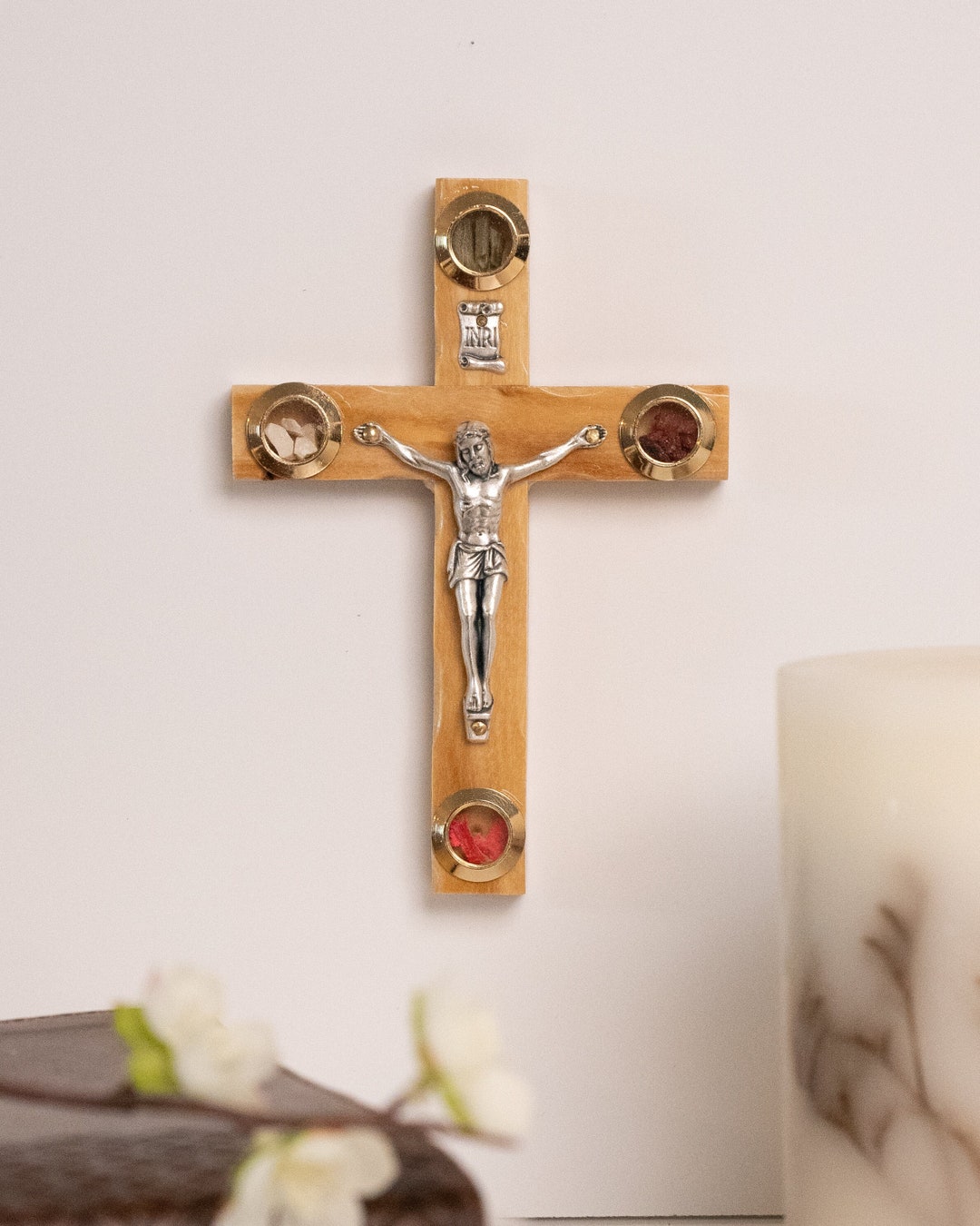 5" Olive Wood Crucifix, Olive Wood Hanging Wall Cross With Relics From ...