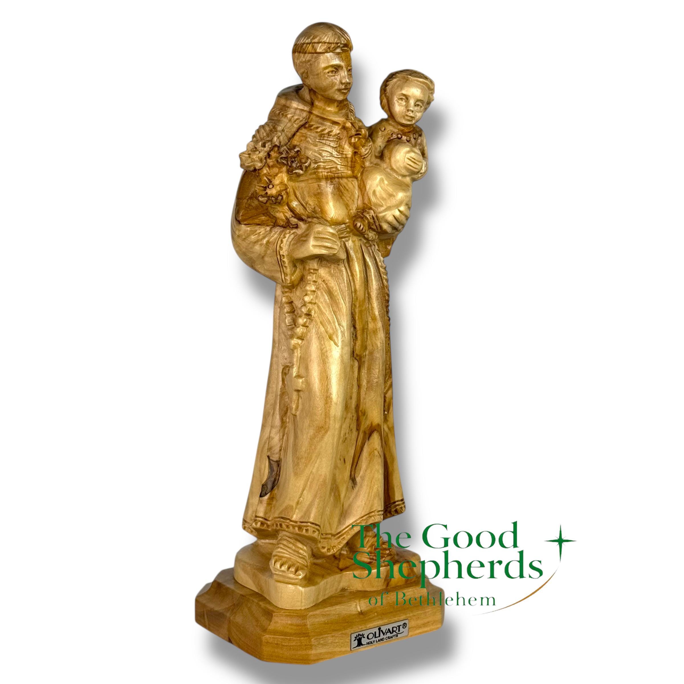 Saint Anthony Olive Wood Statue Holding Baby Jesus and Flowers | Hand ...