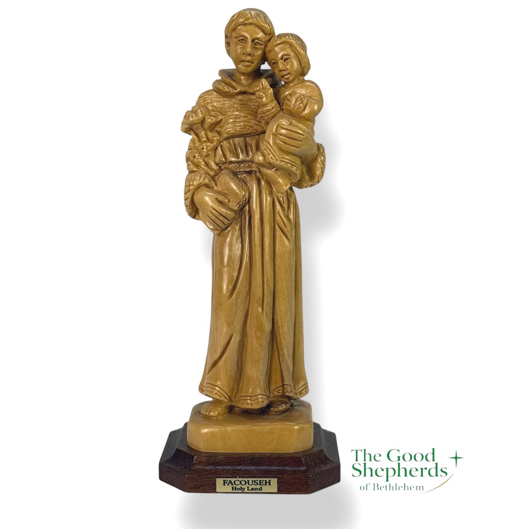 Handmade Olive Wood Saint Anthony Statue | St. Anthony With Child Jesus ...