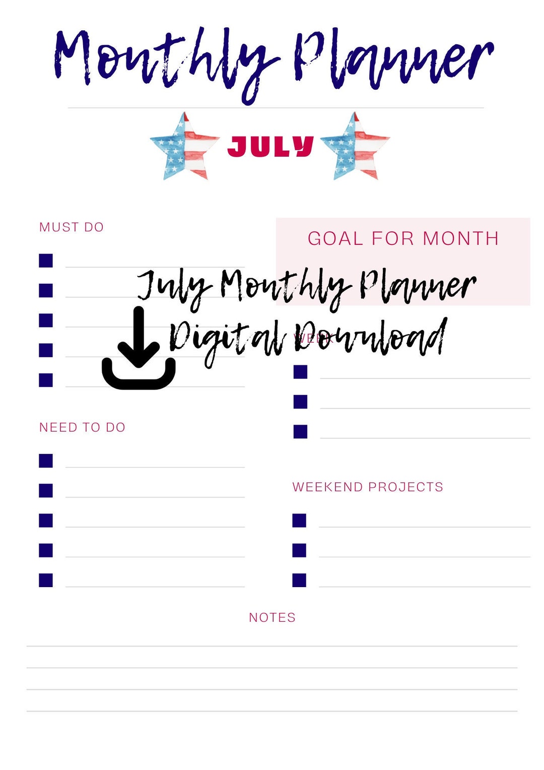 July Monthly Planner - Etsy