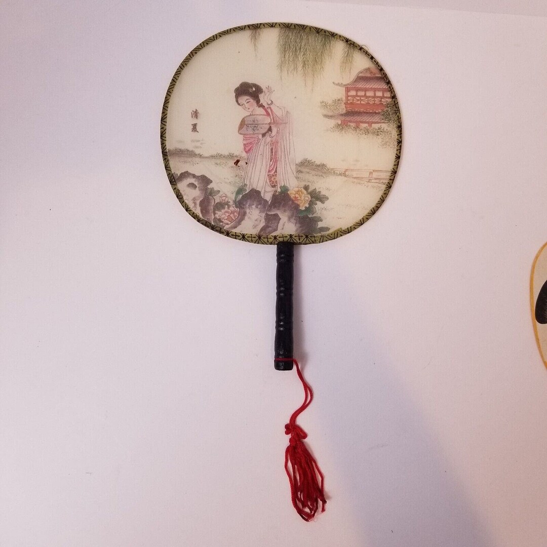 Japanese Black Handle Hand Painted Silk Paddle Fan W Tassel 6 in Wide ...