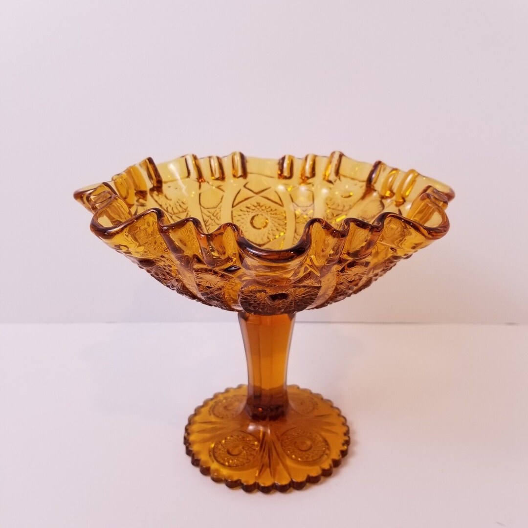 Amber Imperial Glass Daisy & Button Large Compote Pedestal Rare Ruffled ...