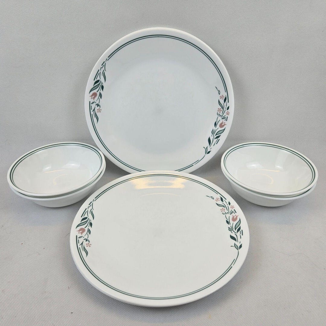 Eight 8 Pcs Corelle Rosemarie Blue Pink Dinner Plate and Bowl Set of 4 ...