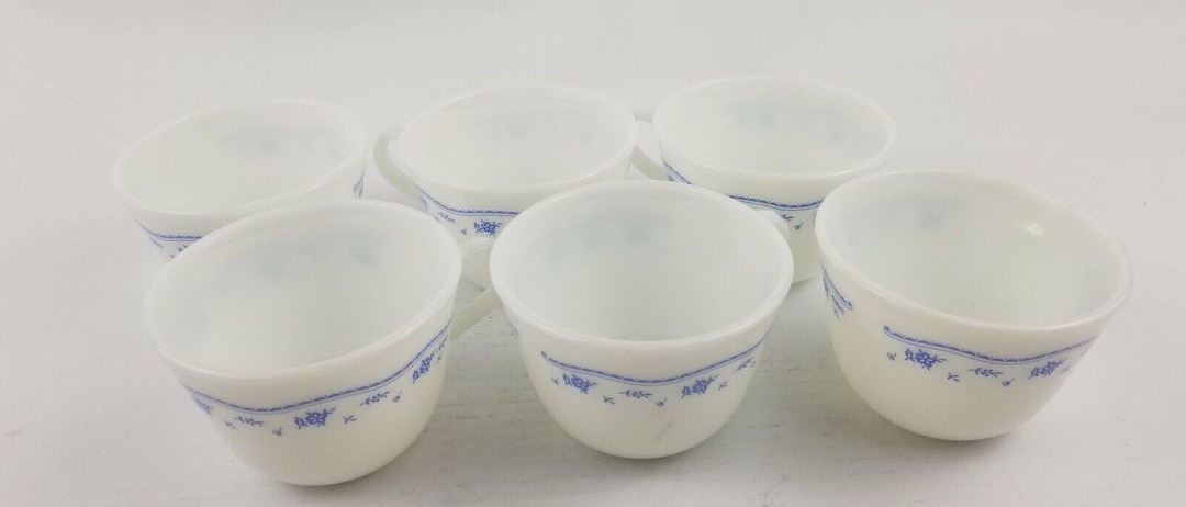 Set of 6 Vintage Pyrex Blue Morning Flower Milk Glass Coffee Tea Cups ...