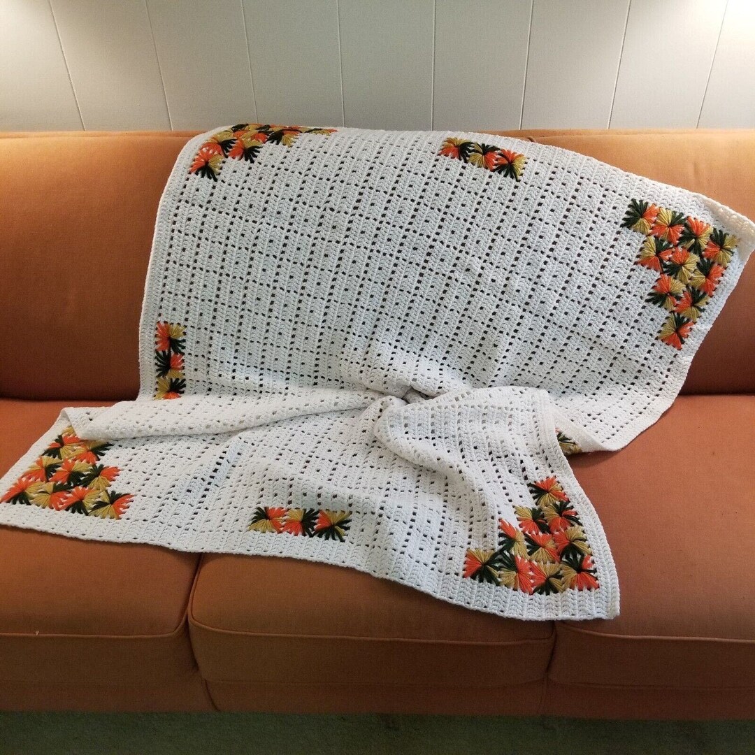 Afghan Creamy White 70s Colors Handmade Crochet Embroidered Throw 45x58 ...