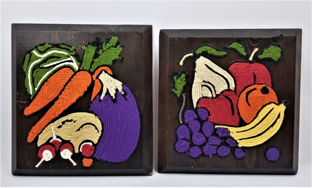 Vintage Yarn Art Embroidered Fruit & Vegetable Plaques on Wood Handmade ...