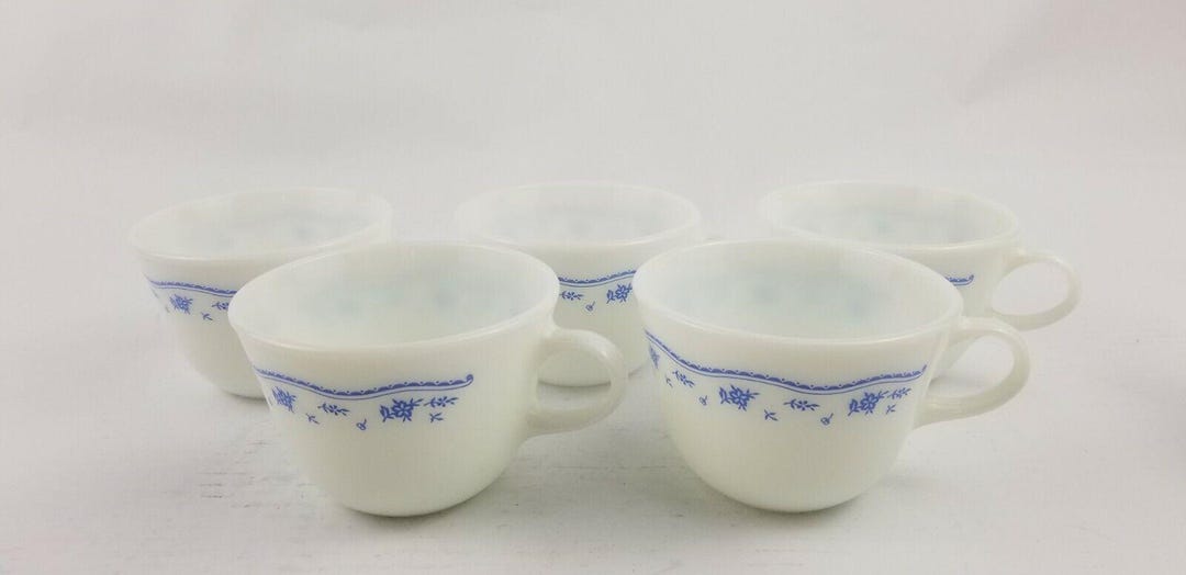 Set of 5 Vintage Pyrex Blue Morning Flower Milk Glass Coffee Tea Cups ...