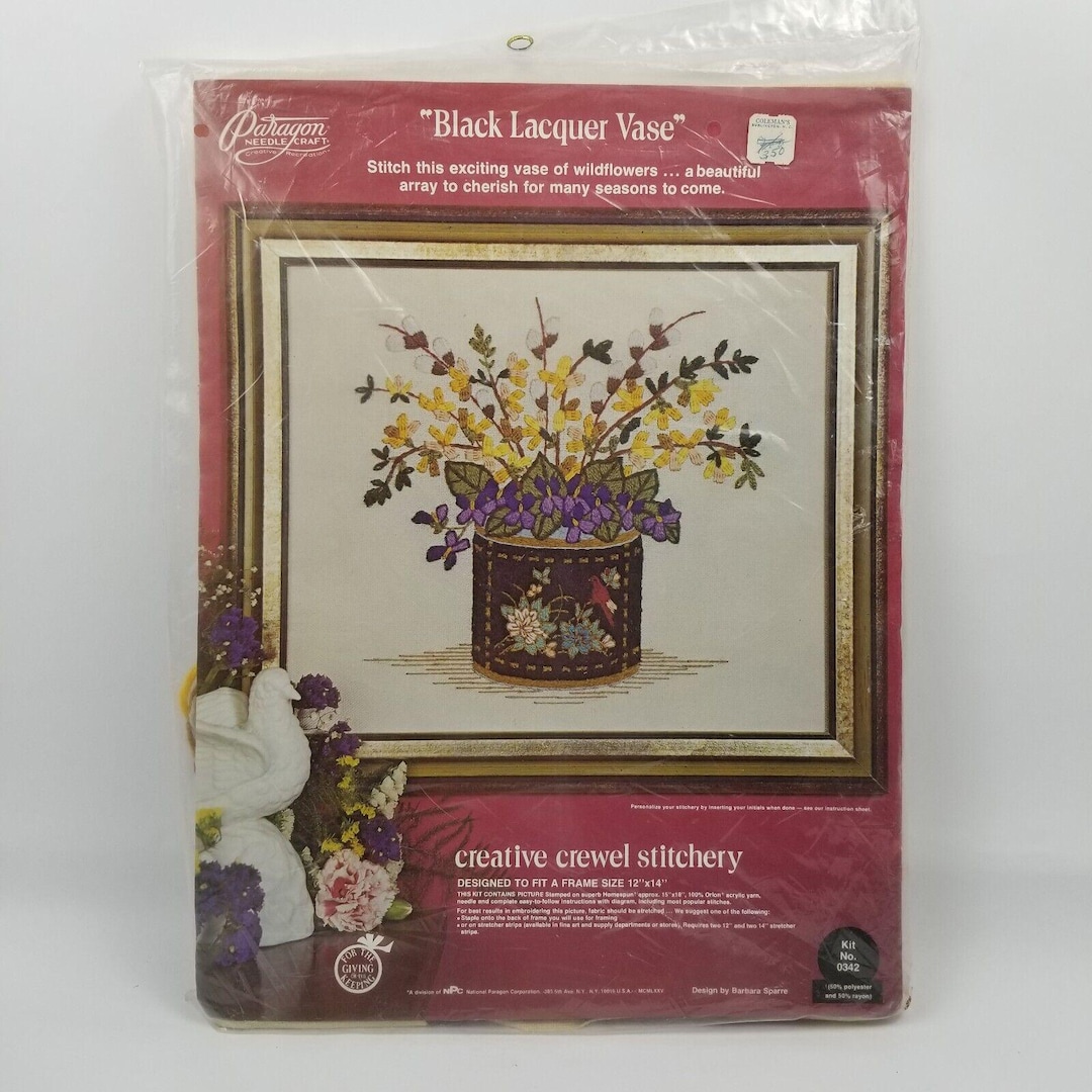Paragon 0342 Crewel Embroidery Kit Black Lacquer Vase Flowers Purple ...