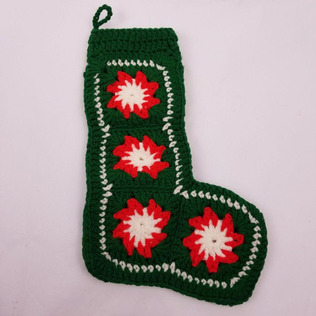 Crochet Granny Square Christmas Stocking Red Green White Handmade ...