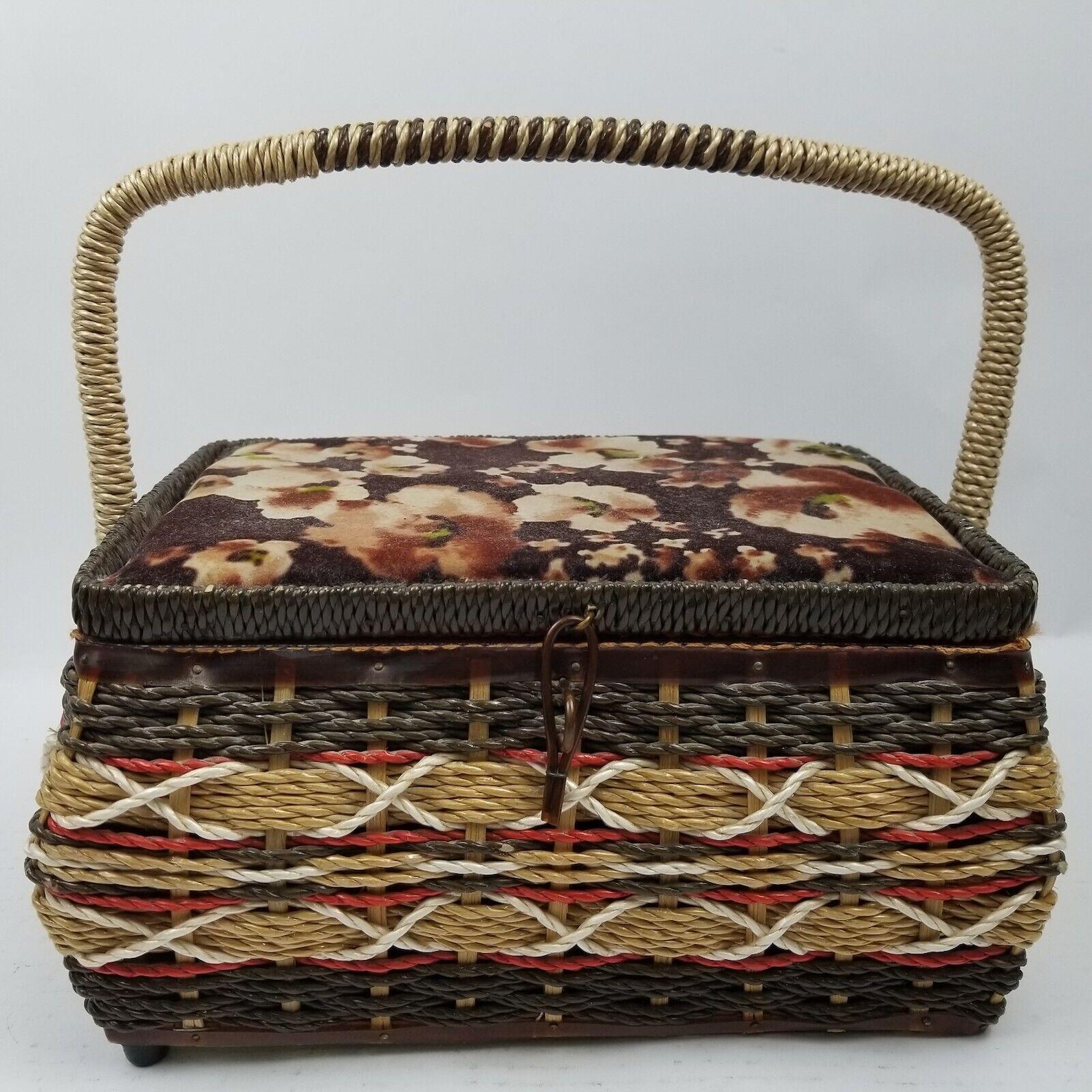 Vintage Woven Sewing Box Basket Fabric Top-interior Pin Cushion Swing ...