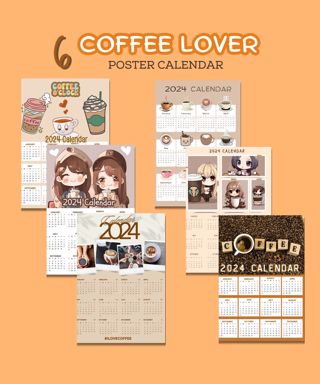 6 Coffee Themed 2024 CALENDAR PRINTABLE Calendar Downloadable PDF ...