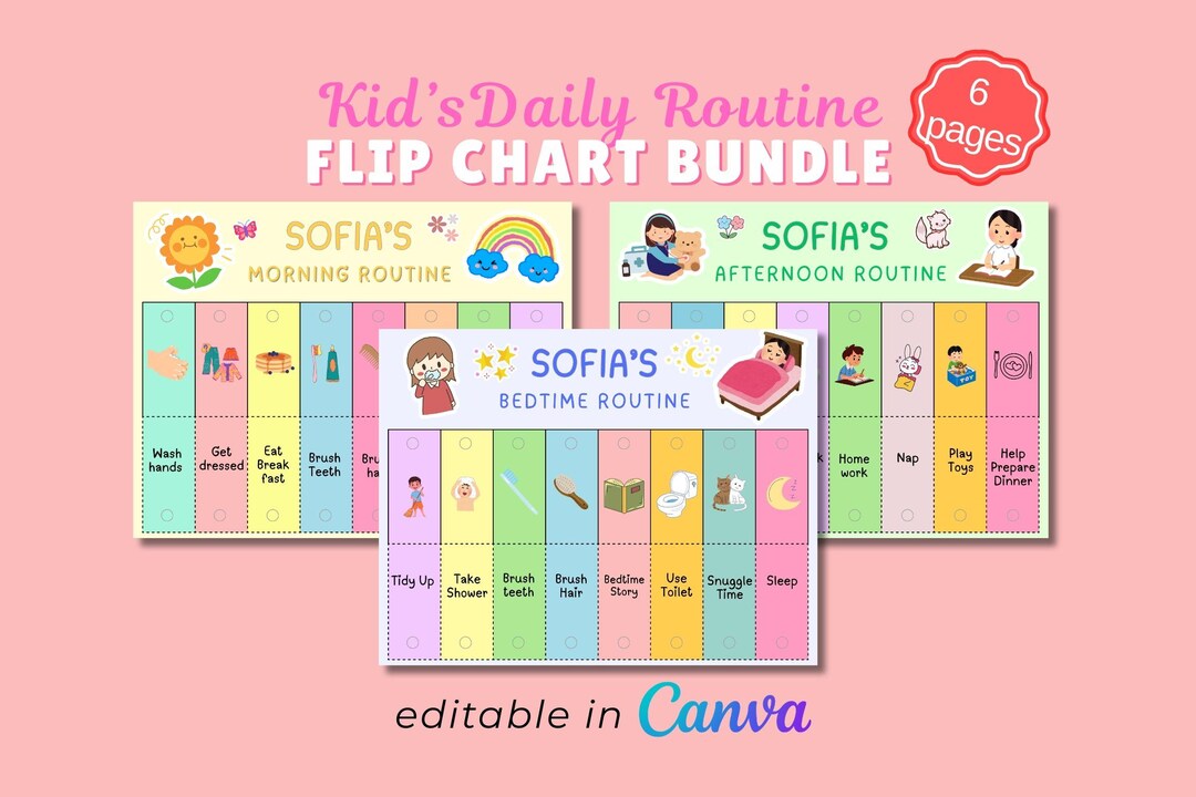 Kids Daily Routine Flip Chart, Editable Canva Template, Checklist ...