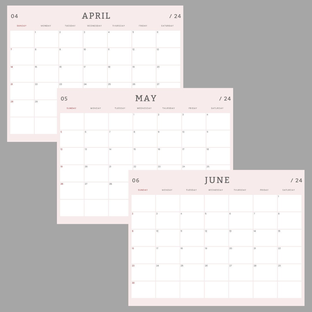 PRINTABLE 2024 CALENDAR MINIMALIST Calendar Pink Simple Horizontal ...