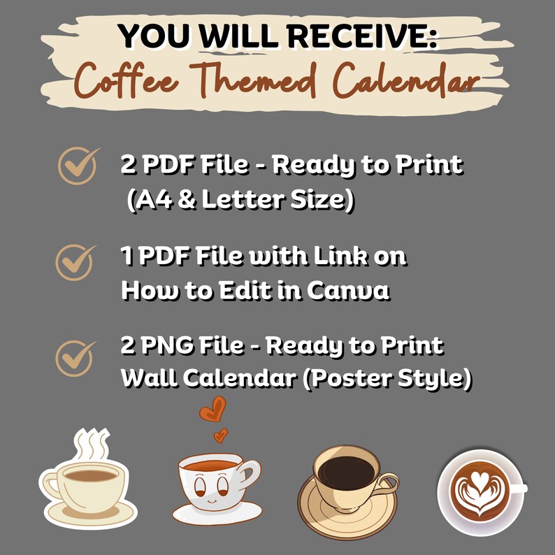 Coffee Themed 2024 CALENDAR PRINTABLE Calendar Editable Template ...