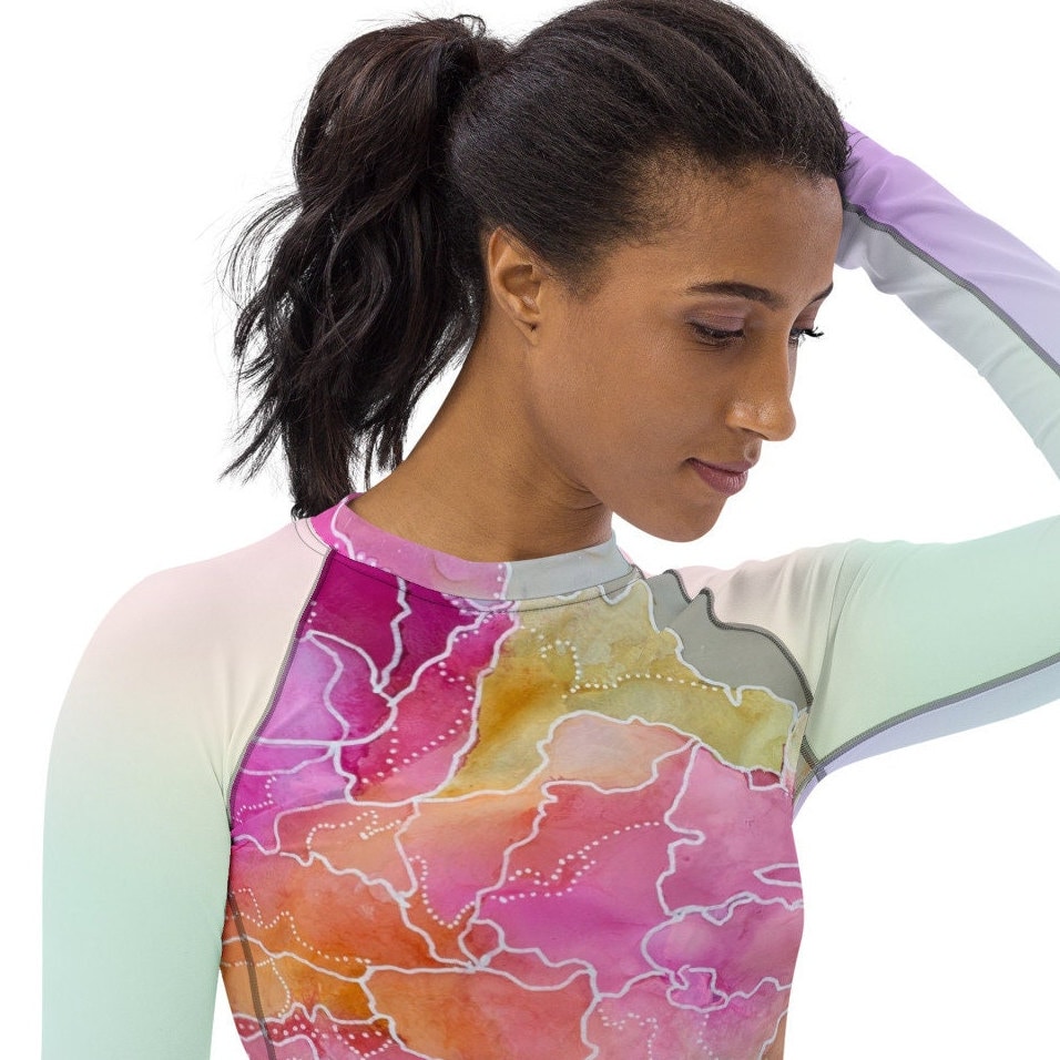 Women's Rash Guard Abstract Art Print Pink Sleeves Woman Kayaking ...