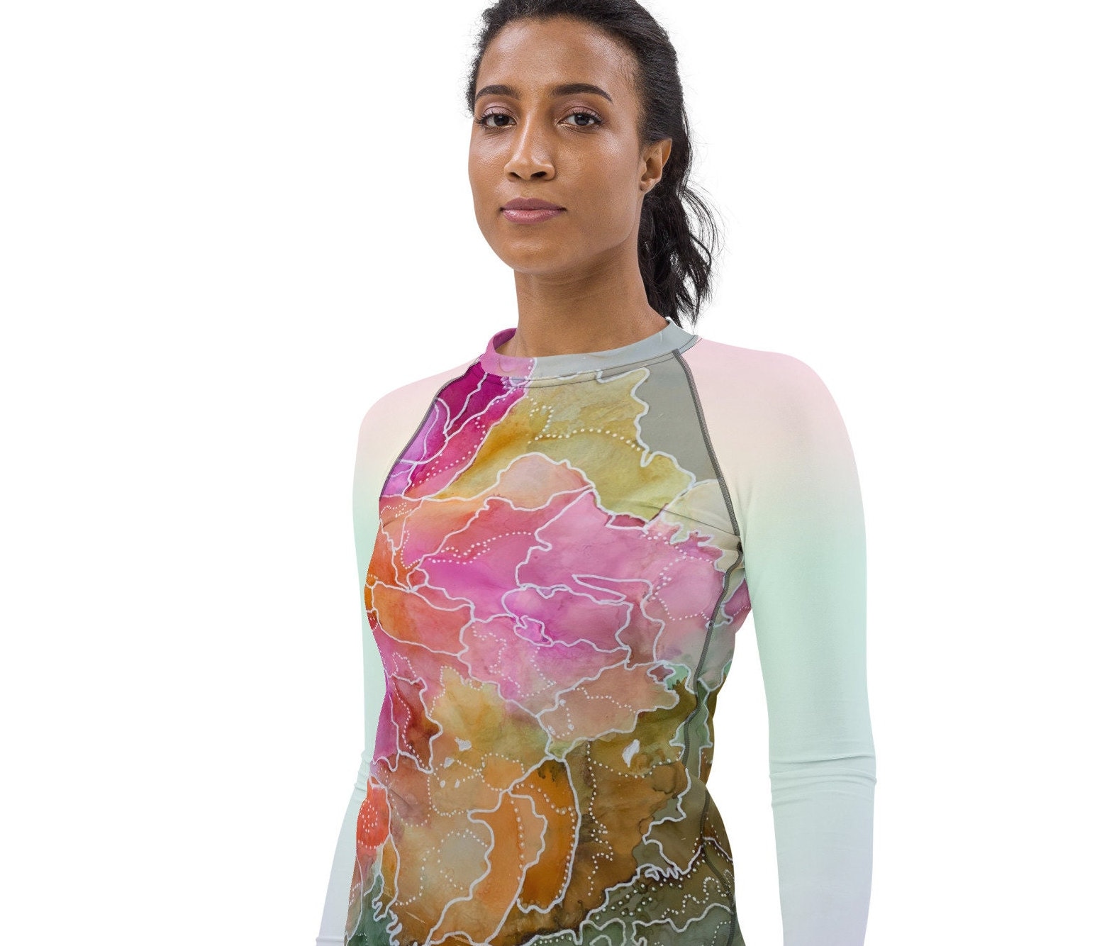 Women's Rash Guard Abstract Art Print Pink Sleeves Woman Kayaking ...