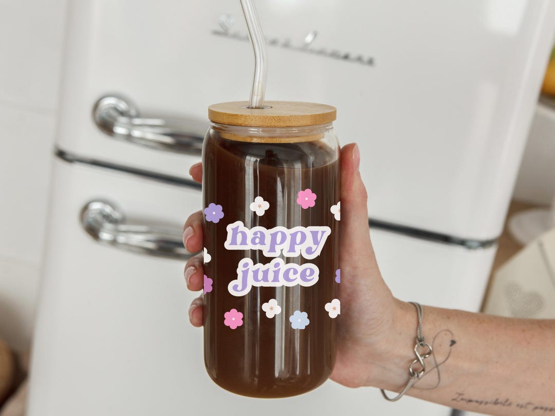 Cute Happy Juice Glass Tumbler, Glass Can Coffee Cup With Lid and Straw ...
