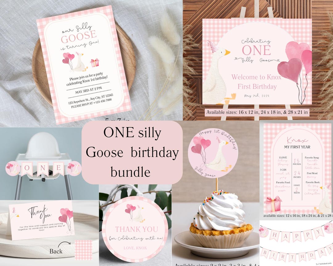 One Silly Goose Birthday Invitation Bundle Template | Canva Editable ...