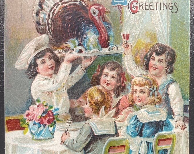 Rare Vintage German Thanksgiving Greetings Postcard Victorian Kids Eat ...