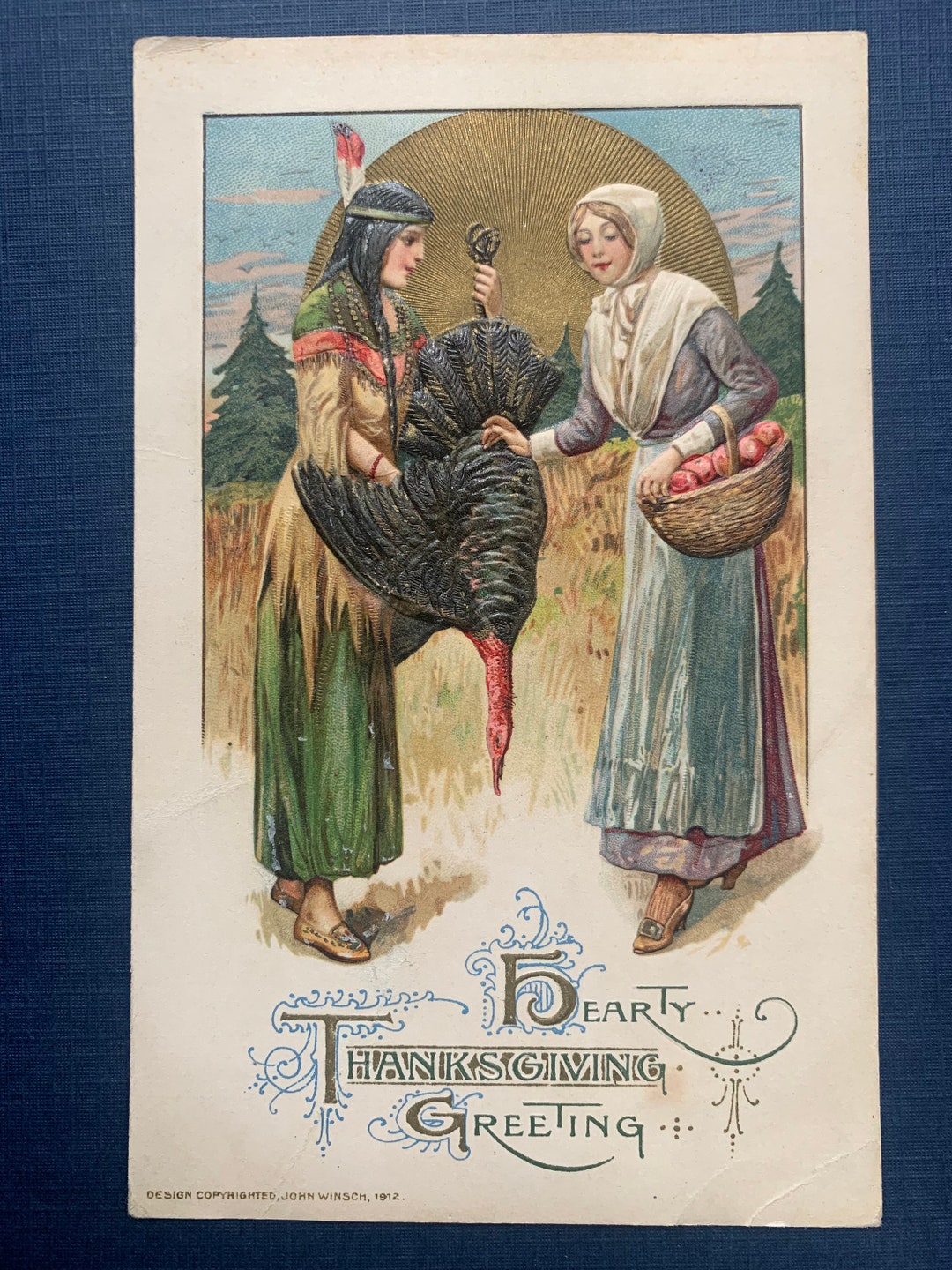 GC Vintage German John Winsch Thanksgiving Postcard Embossed Native ...