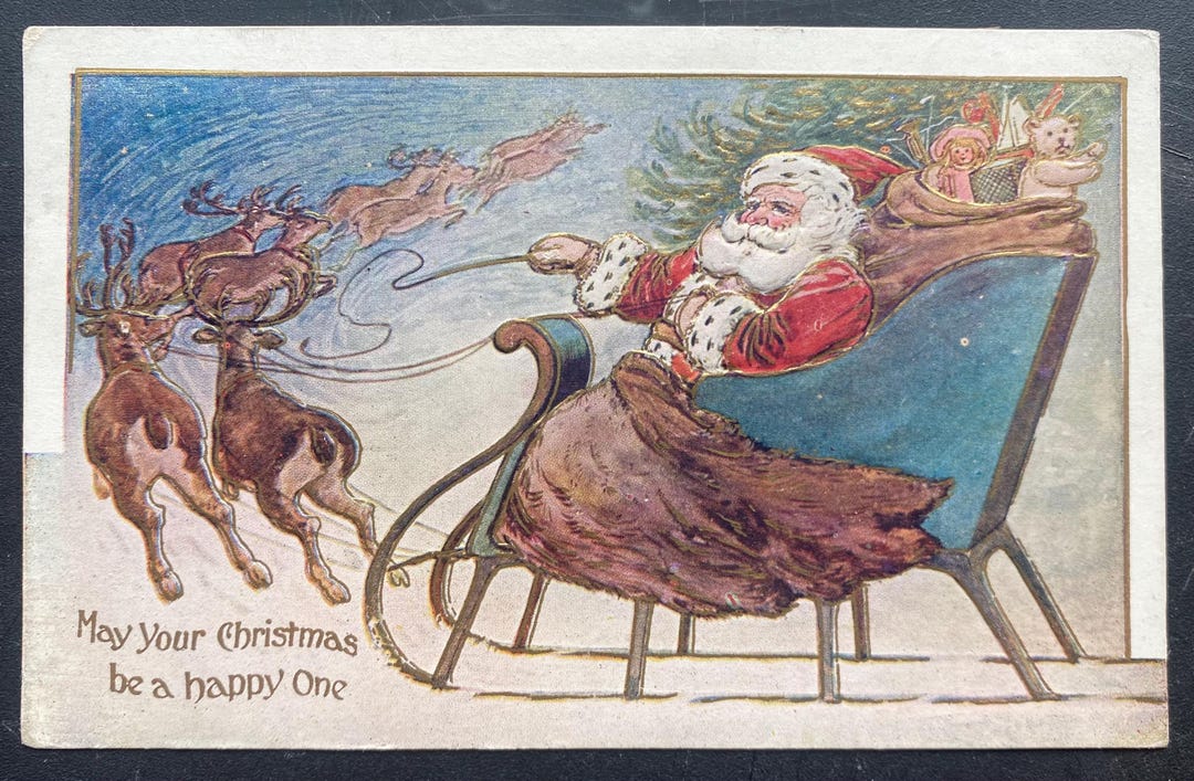 Rare Vintage 1908 Happy Christmas Postcard Santa Claus in Sleigh W/ Reindeer W/ Toys Gold Gilded ...