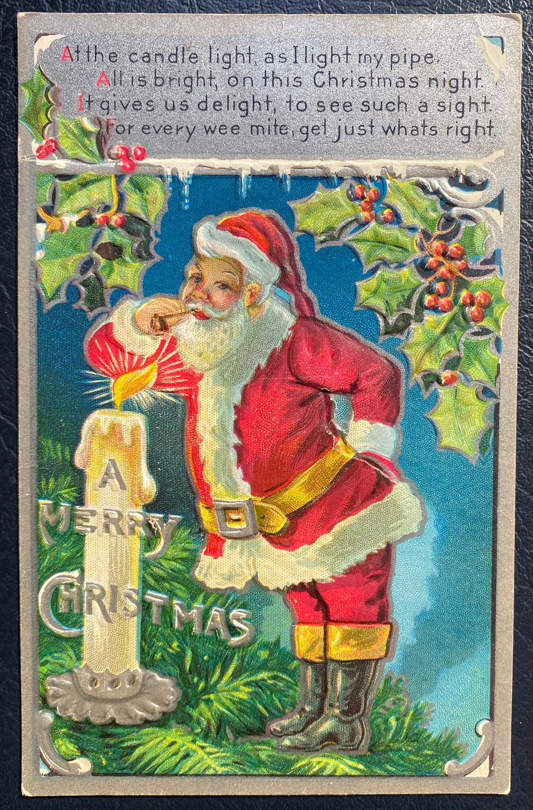 Rare Vintage 1909 Christmas Postcard Santa Claus Light Pipe W/ Candle ...