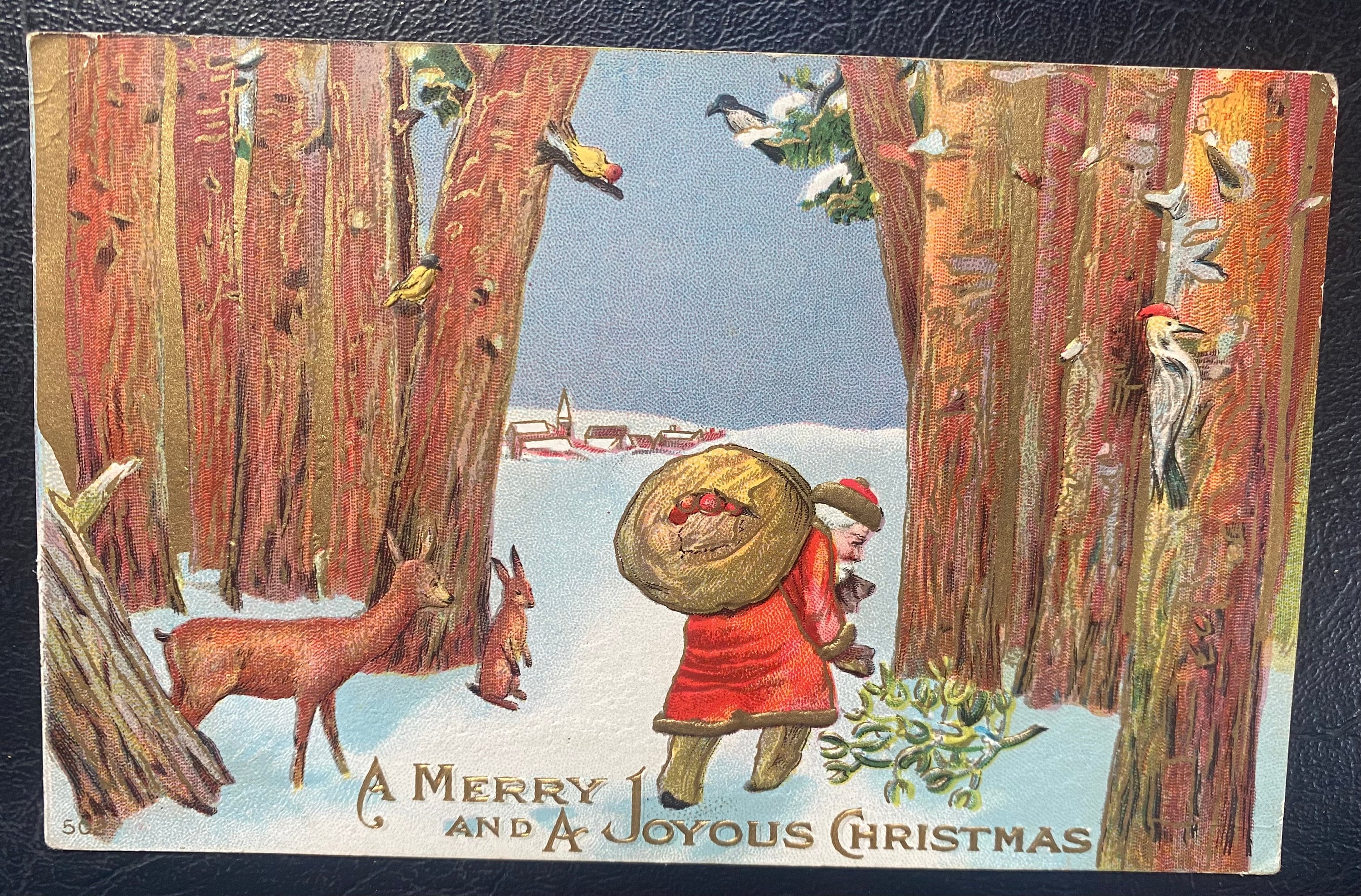 Vintage 1909 Rare Christmas Postcard Santa Claus Walking Forest Woodpecker Deer Toy Sack Gold ...
