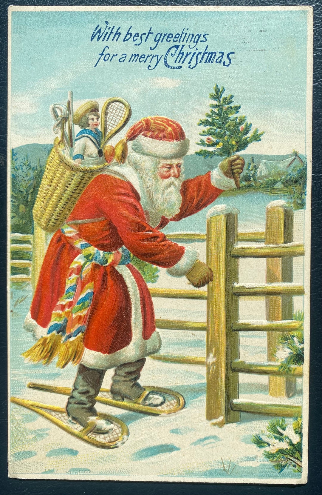 Rare Vintage German Christmas Postcard Belsnickle Santa Snowshoeing to ...