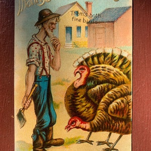 Farmer Ax Turkeys Them's Both Fine Birds Vintage Thanksgiving Postcard ...