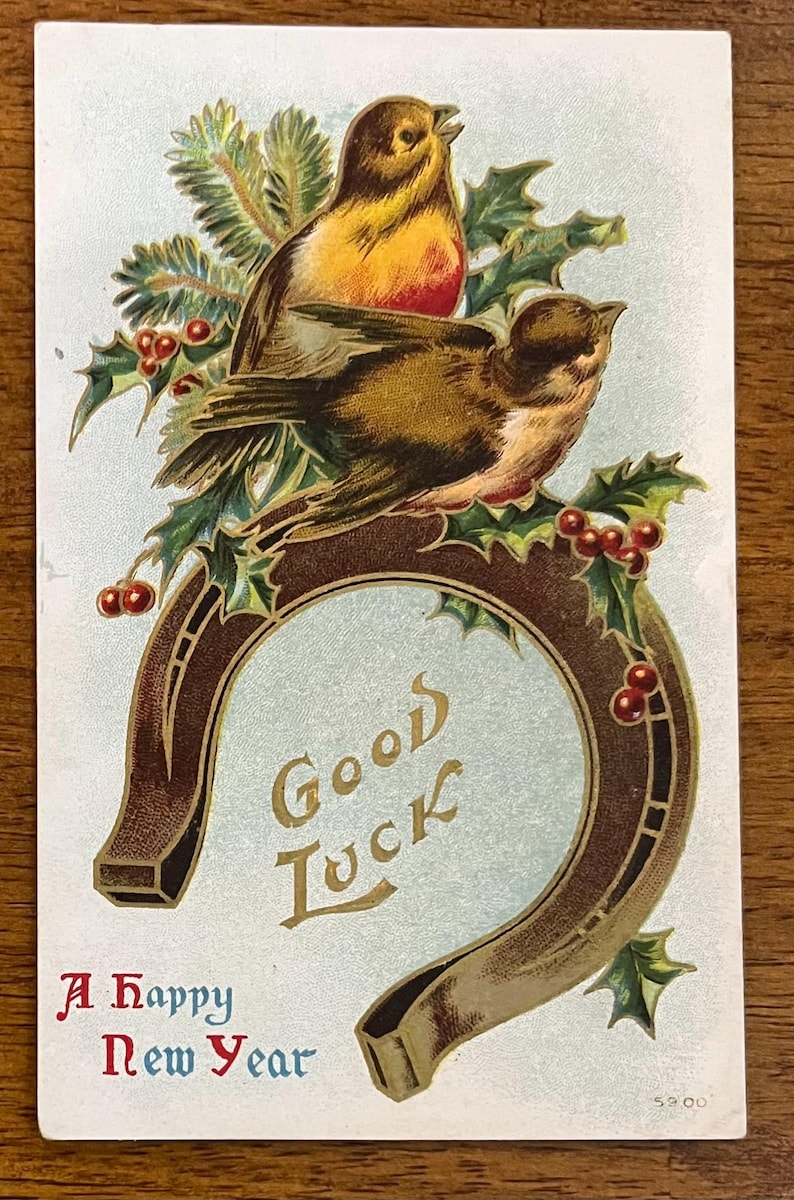 GC+ Rare Vintage A Happy New Year Good Luck Postcard Birds Chirp on Horseshoe Gold Gilded ...