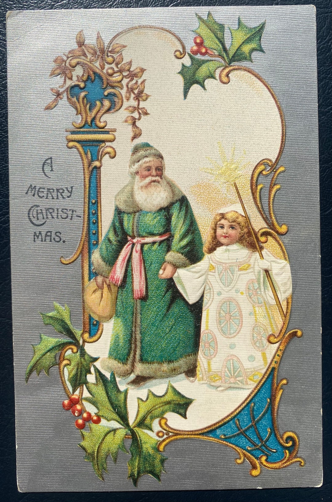Vintage 1908 Rare German Christmas Postcard Belsnickle Santa Walk W/ Angel Holly Silver Gilded ...