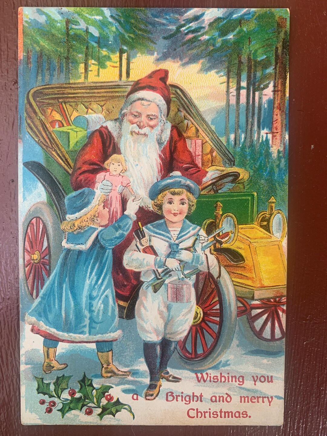EXC Antique German Santa Claus Christmas Postcard Driving Vintage Car Delivering Toys Little Boy ...