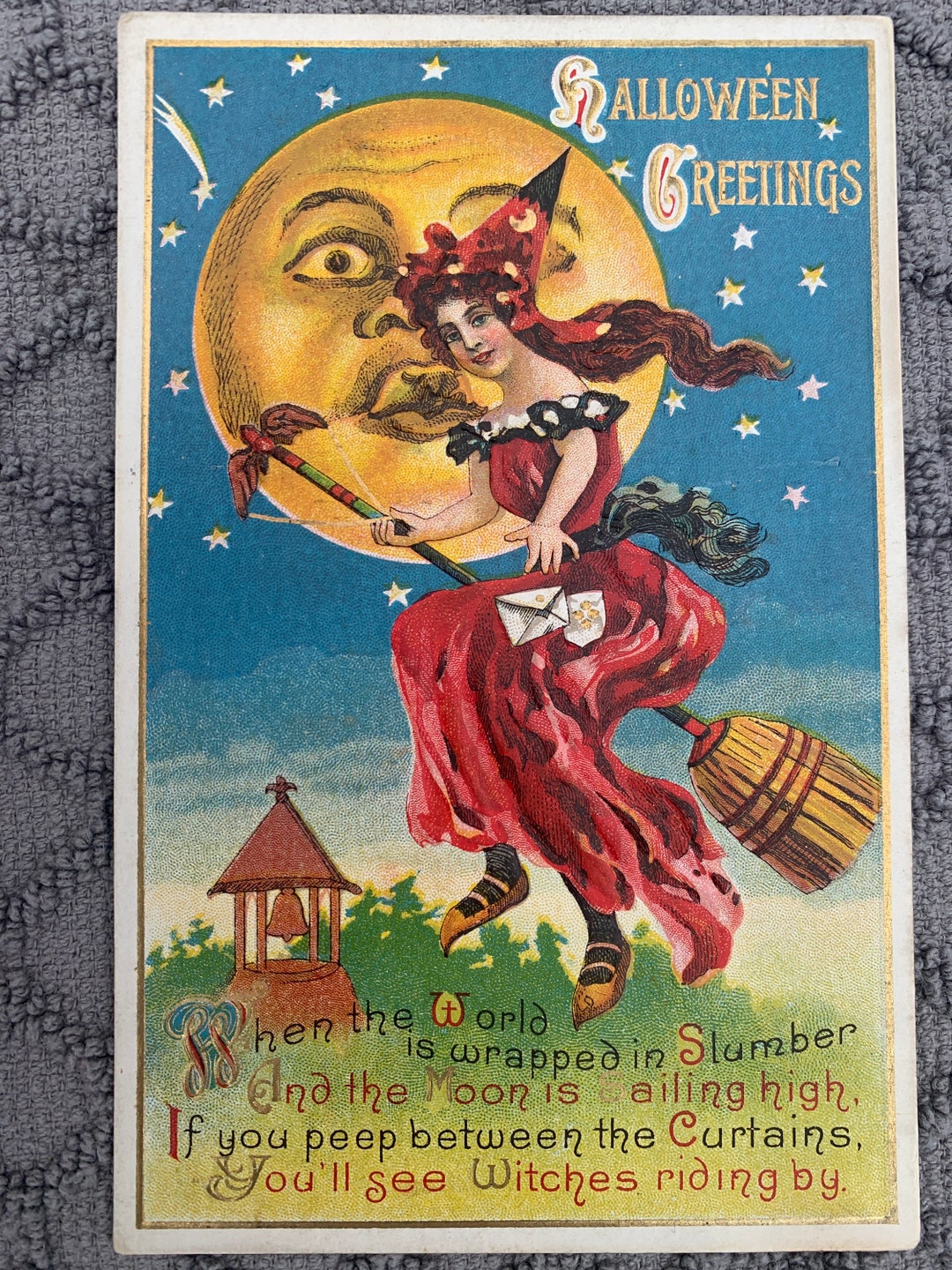 Vintage Halloween Postcard Fancy Witch in Red Dress Broom Flying Man in ...