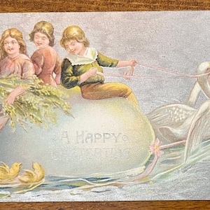 GC Rare Vintage 1909 German Easter Postcard Swans Pull Victorian Kids ...